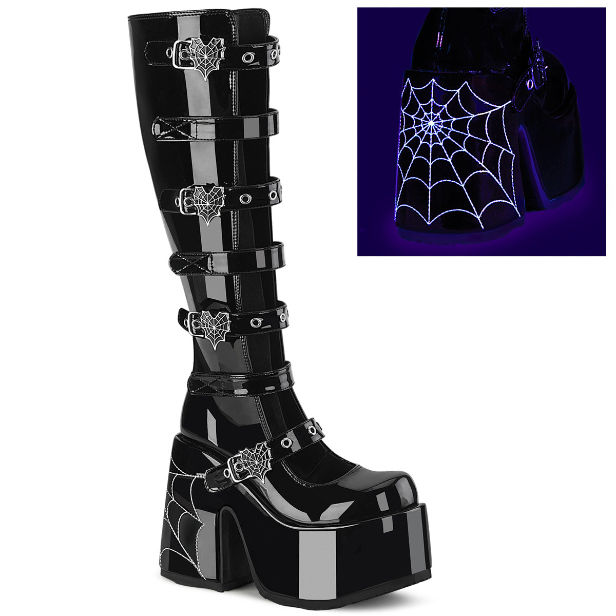Demonia Camel-223 Black Spider Web Detailed Knee High Platform Boot ...