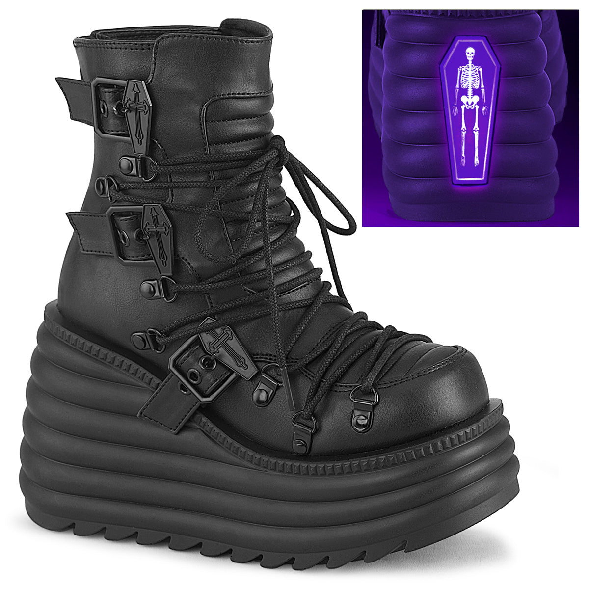 Demonia Morte-68 Goth Punk Style Wedge Platform Boots with Coffin Led ...