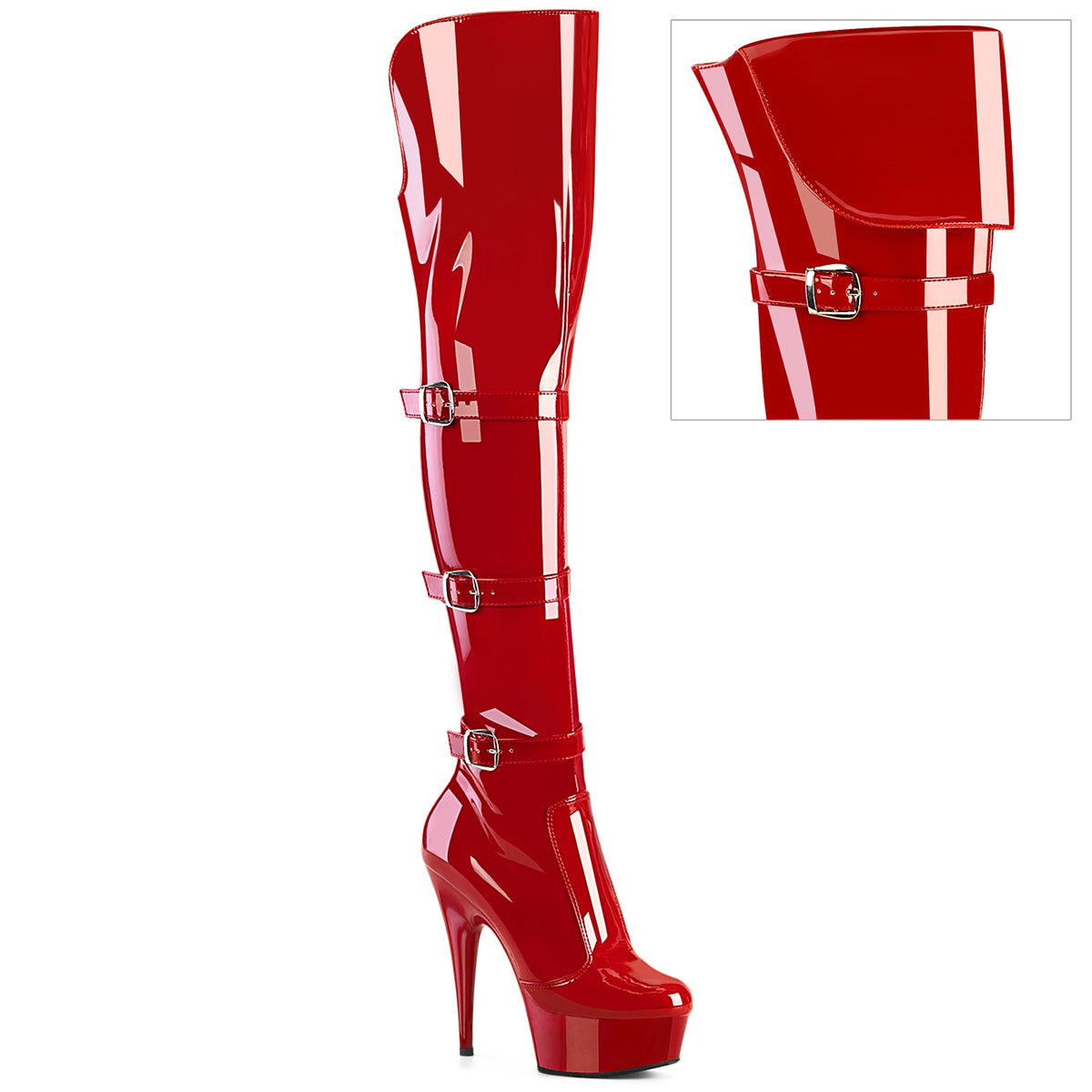 Pleaser Delight-3018 Triple Buckle Straps Red Thigh High Boots ...