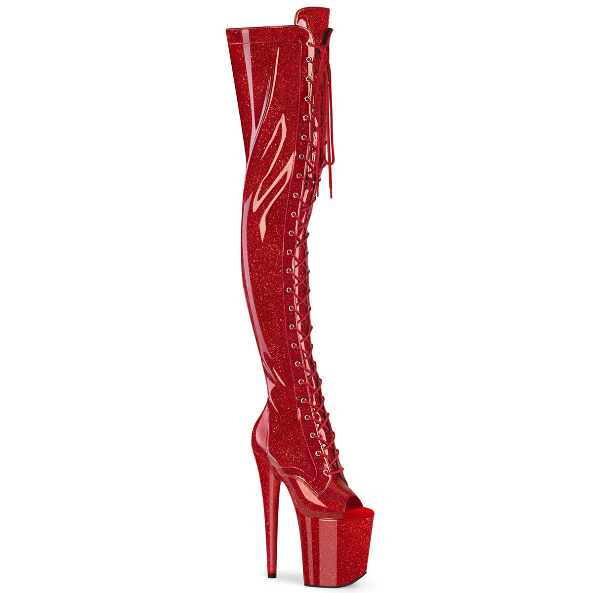 Pleaser Flamingo-3021GP Red Glitter Peep Toe Thigh High Boots ...