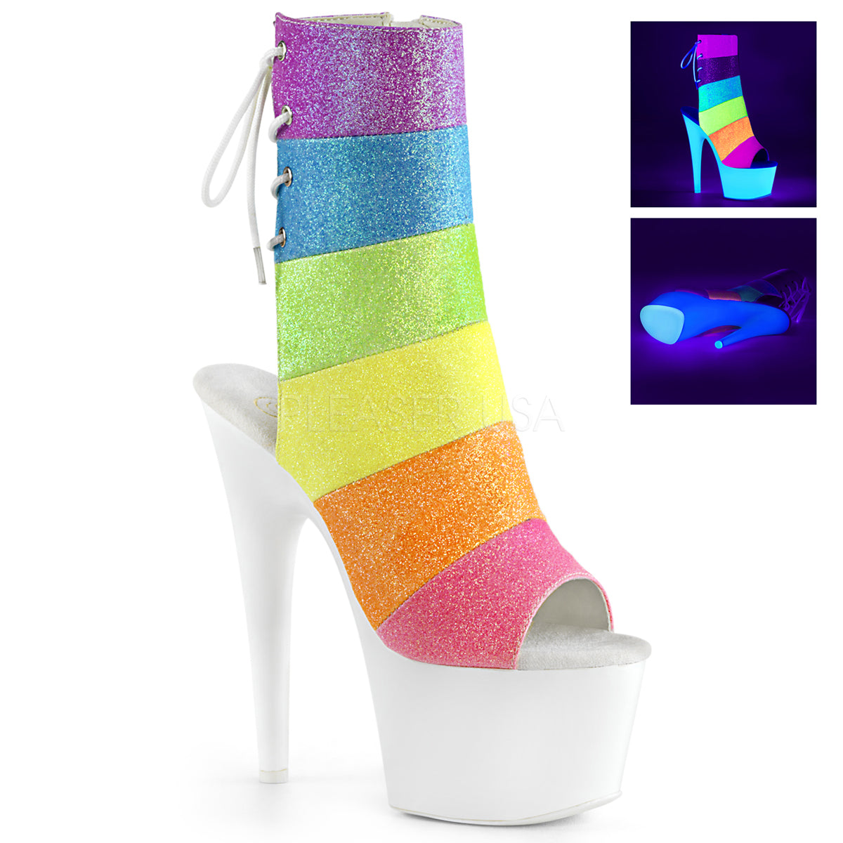 Pleaser ADORE-1018RBG Neon White Rainbow Boots | OtherWorld Shoes