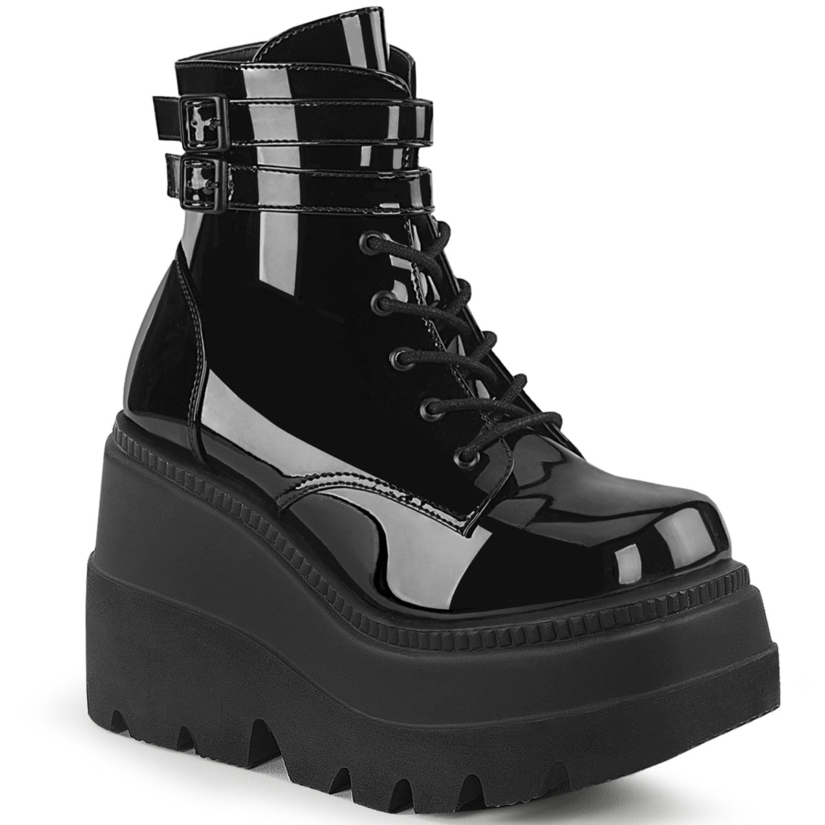 Demonia Shaker-52 Black Patent Wedge Platform Boots | OtherWorld Shoes